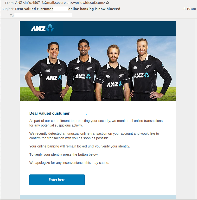 ANZ Impersonated in Scam Aiming to Steal Banking Credentials