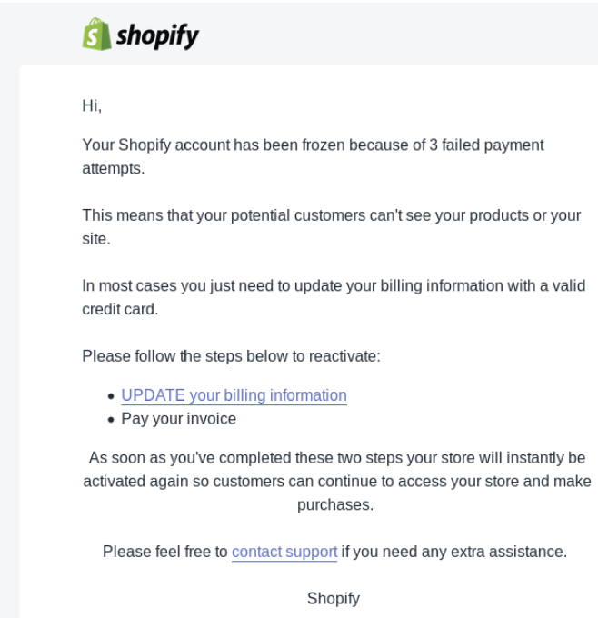 Shopify spoofed in phishing scam; email claims “your shop is frozen”