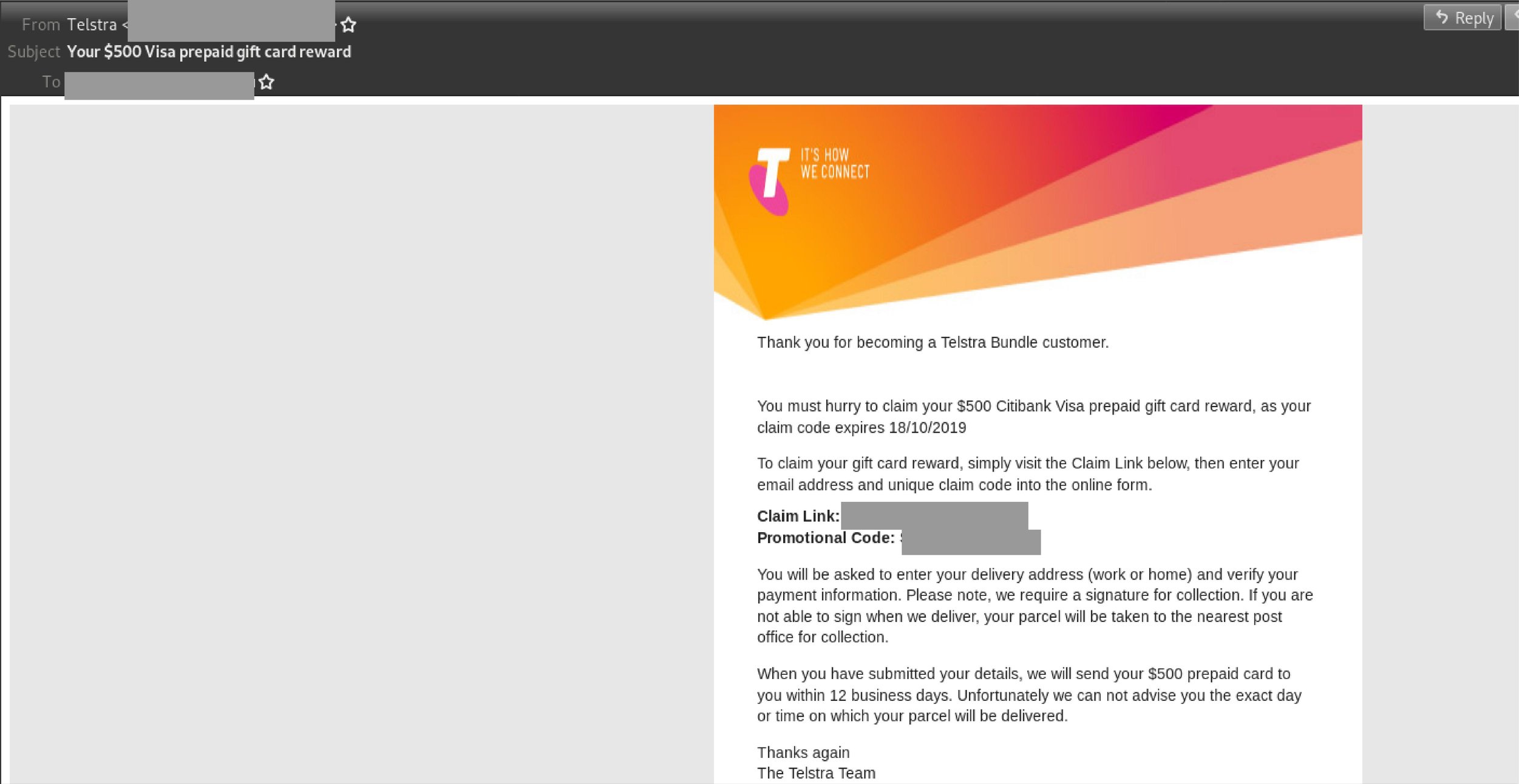 Scam Alert: Phishing email spoofing Telstra uses ‘$500 gift card reward ...