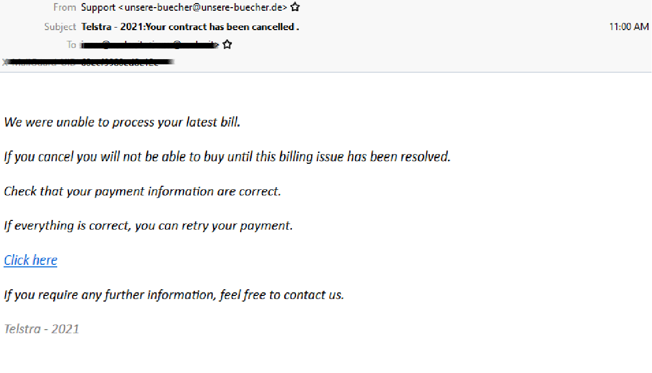 Telstra phishing email scam – “Your contract has been cancelled”