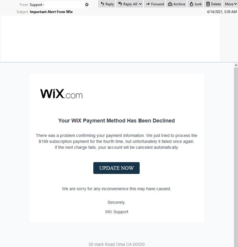 Watch out: Phishing email impersonating Wix claims your ‘payment method ...