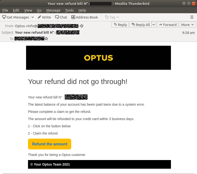 Scammers Trick Customers with 'Your new refund bill' Phishing Email