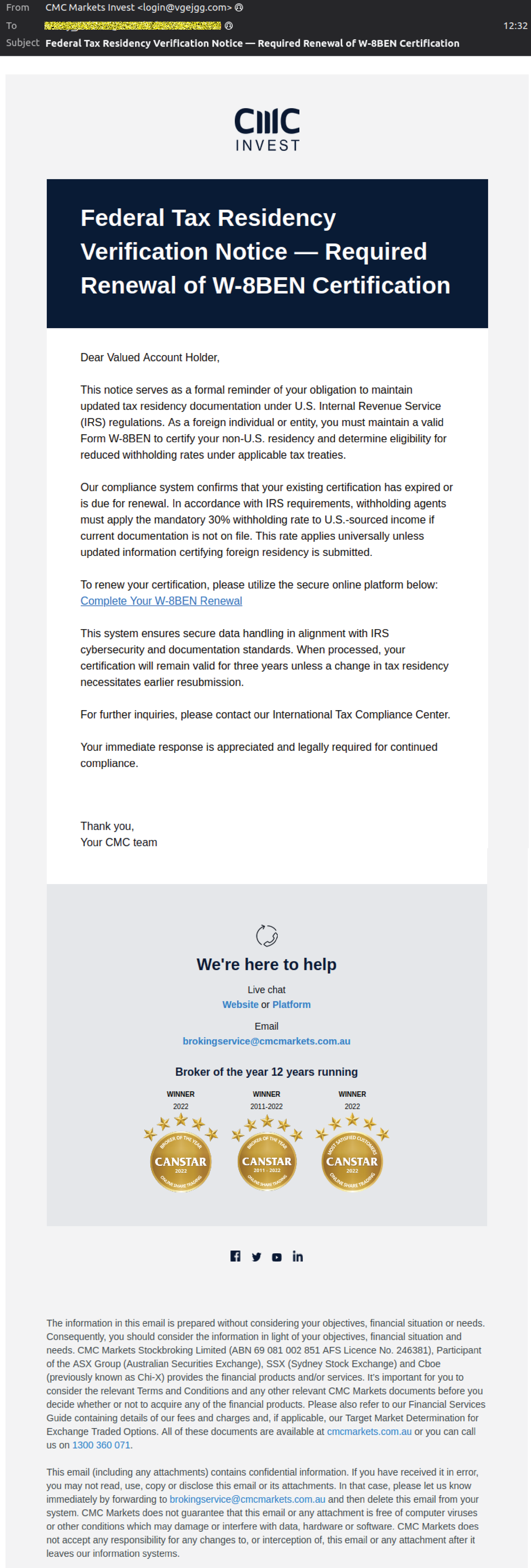 Tax Residency Email Scam Targets CMC Markets Clients