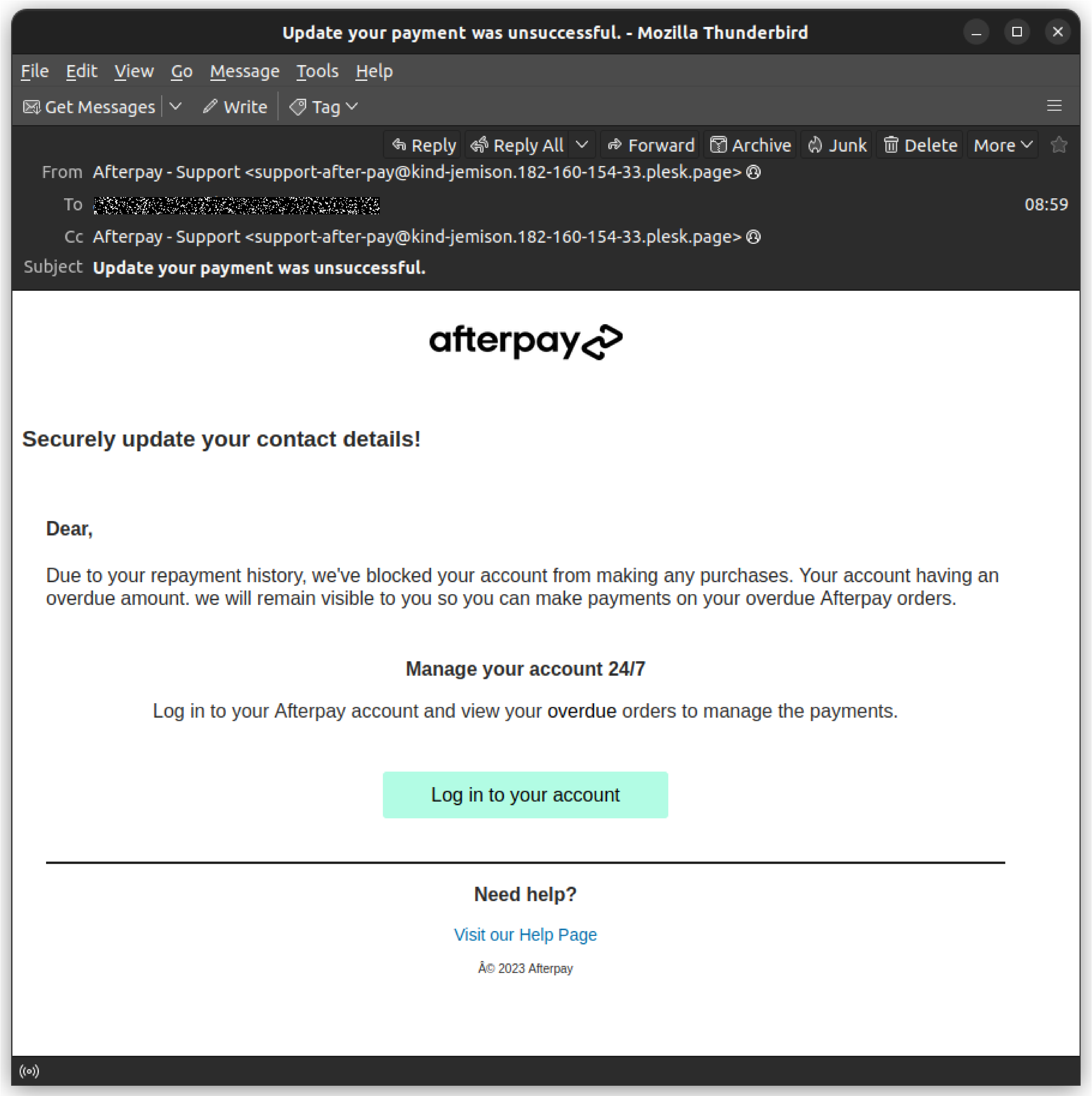 Afterpay Scam – Claims Your Account is Blocked