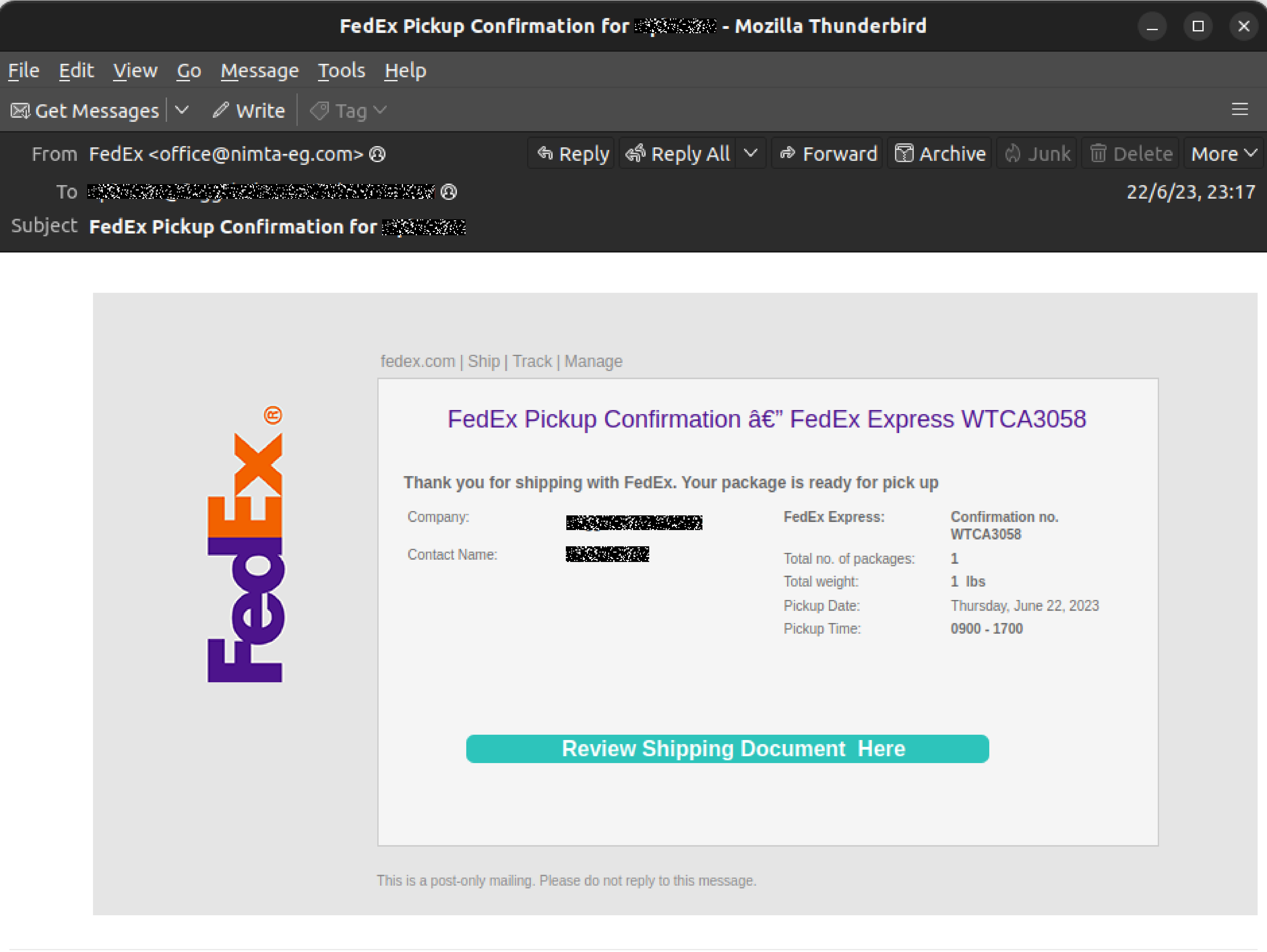 FedEx Pick Up Confirmation, a Fake