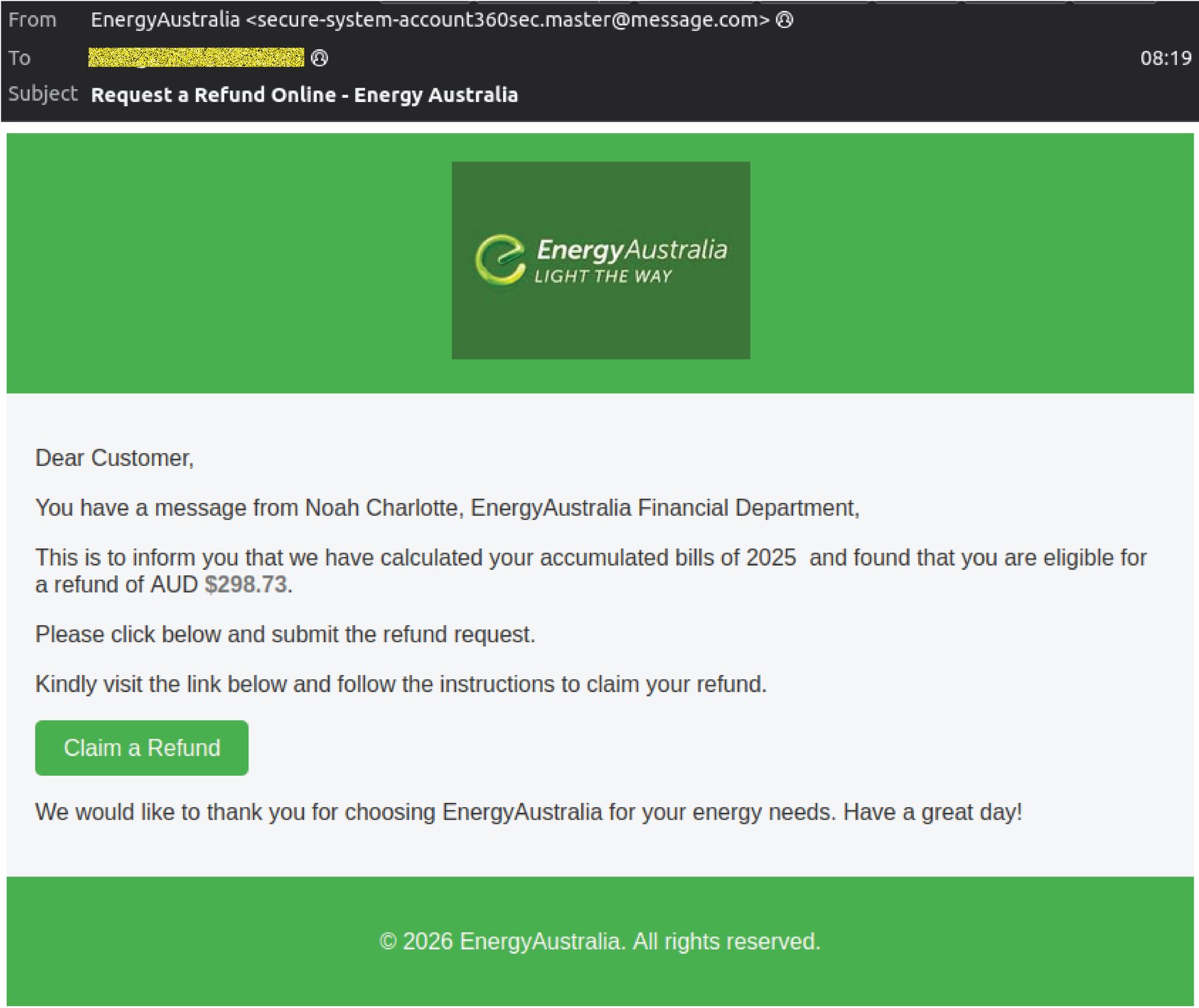 EnergyAustralia 'Request a refund' phishing scam