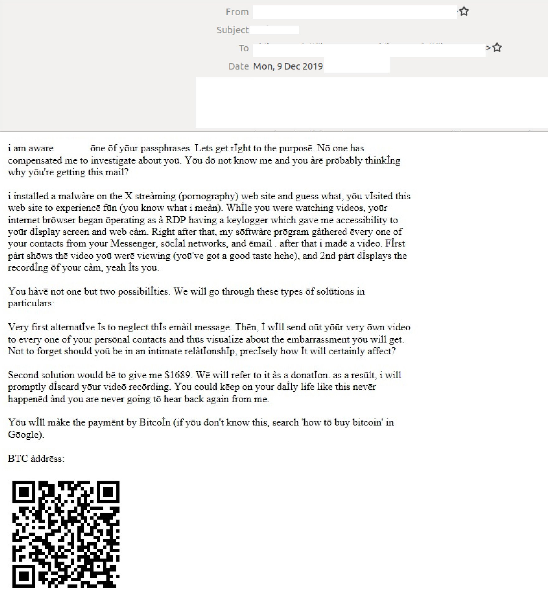 Extortion email scam demands ransom Bitcoin payment; uses QR code to ...