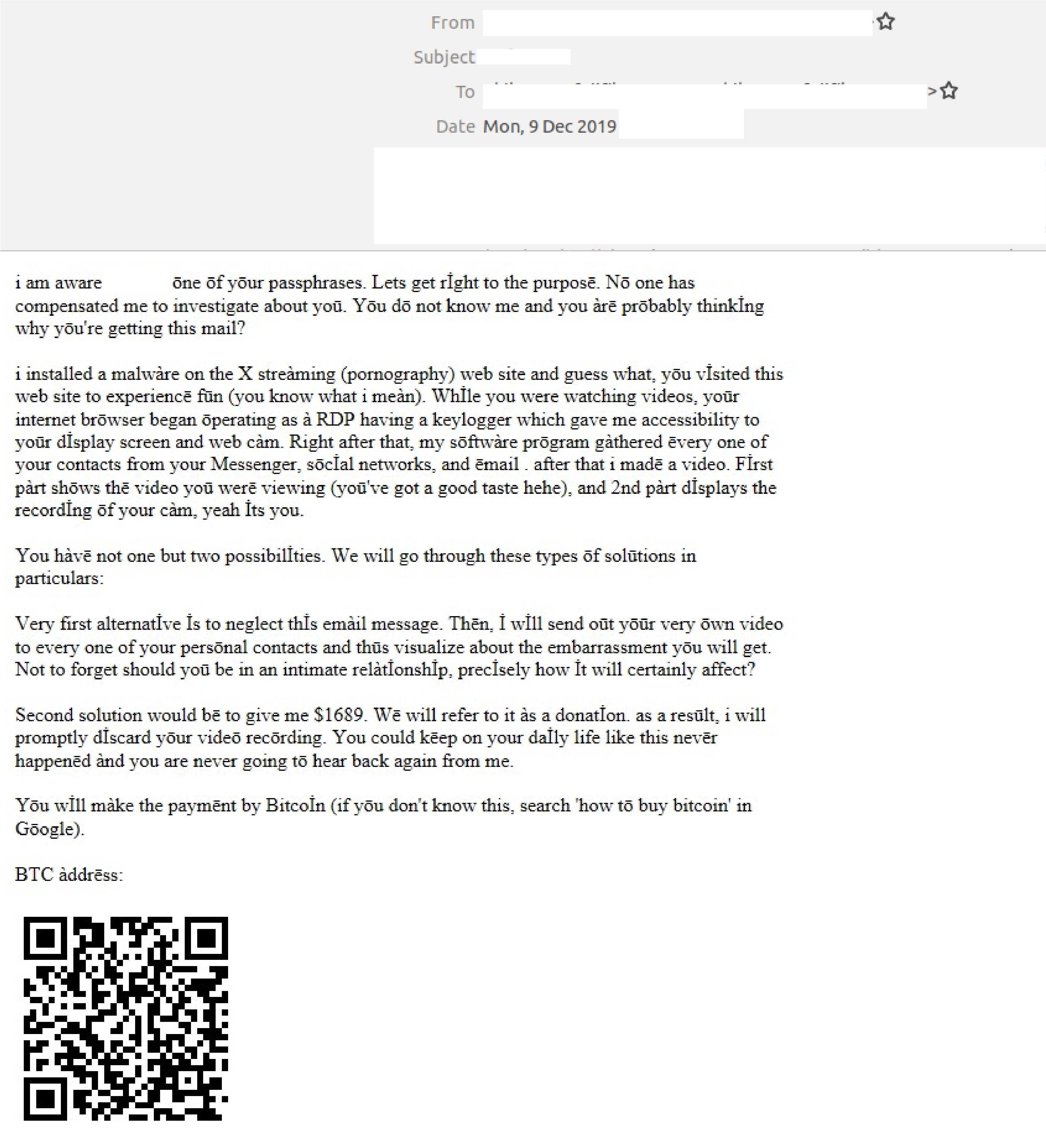 Extortion email scam demands ransom Bitcoin payment; uses QR code to ...