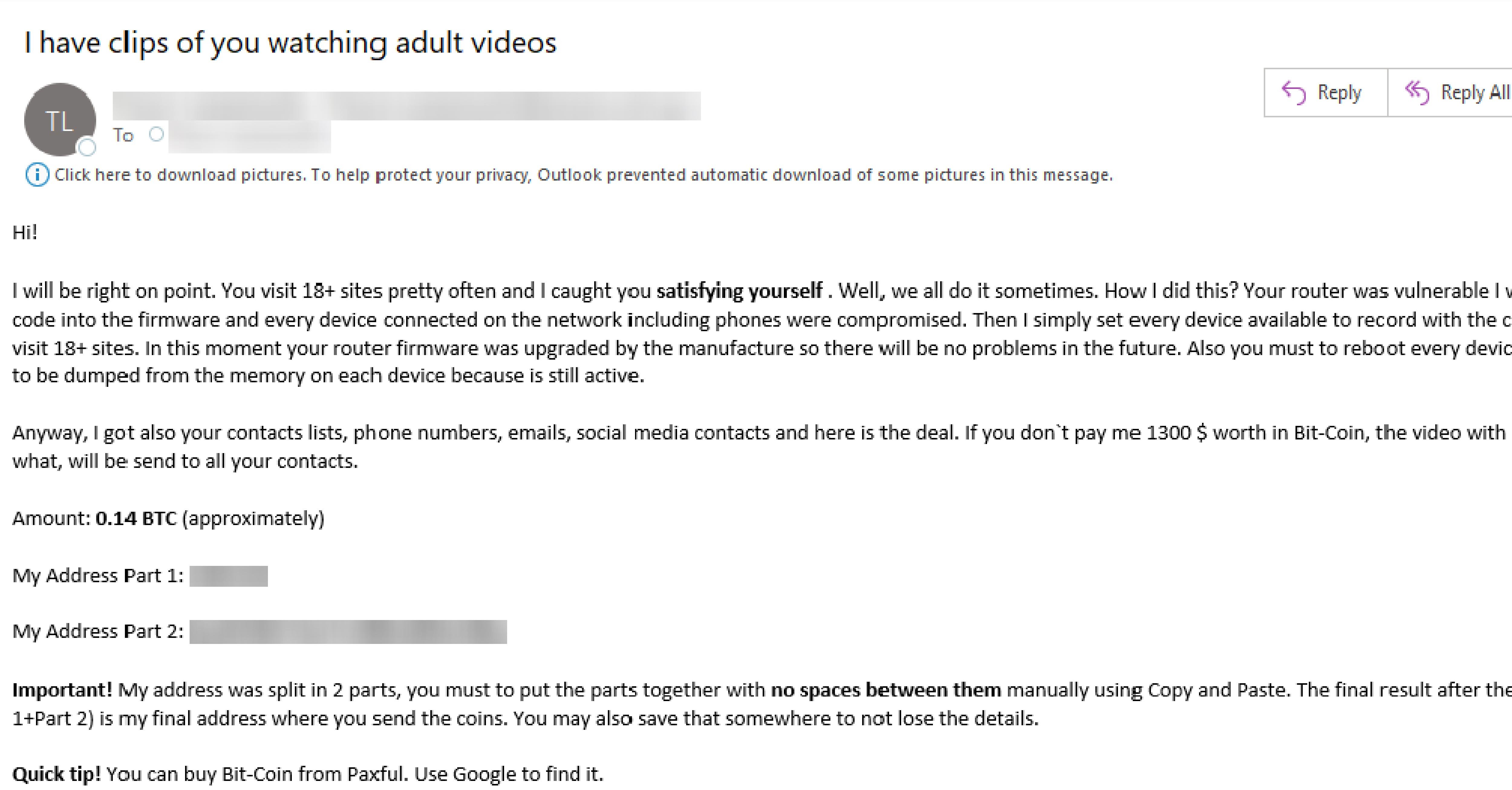 Extortion emails demand $1300 worth in Bitcoin within 72 hours