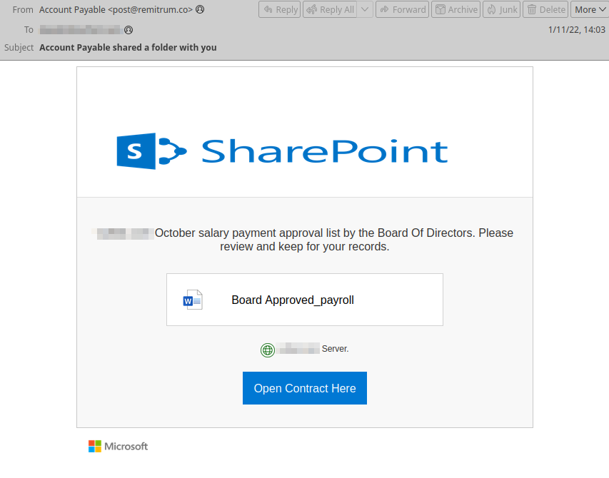 Employees sent “salary payment approval list” in SharePoint branded ...