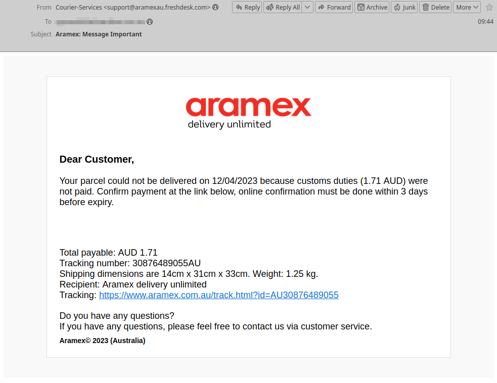 Aramex Scam Email Warns of Unpaid Customs Duties