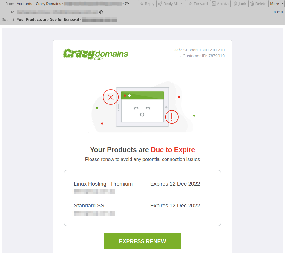 Crazy Domains Email Phishing Scam Claims “Products are Due to Expire”