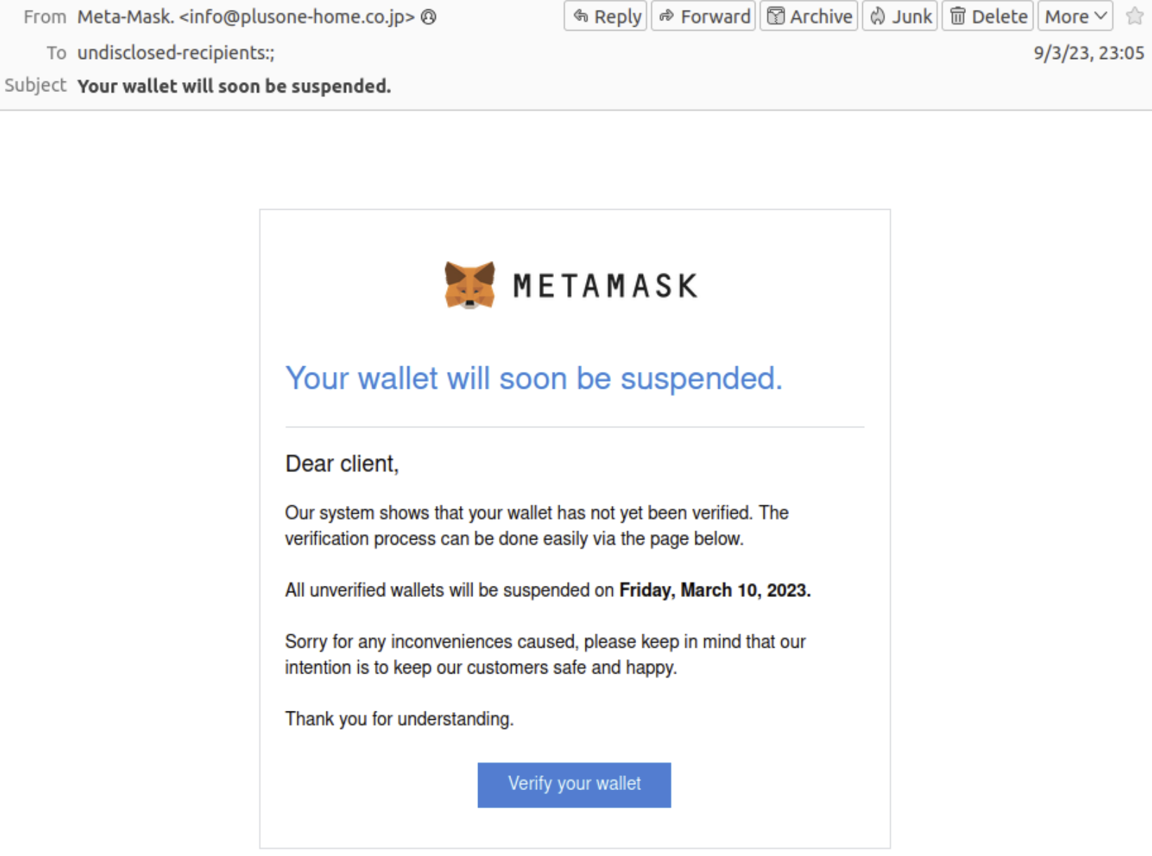 Crypto Users Told to “Verify Your Wallet” in New MetaMask Scam Email