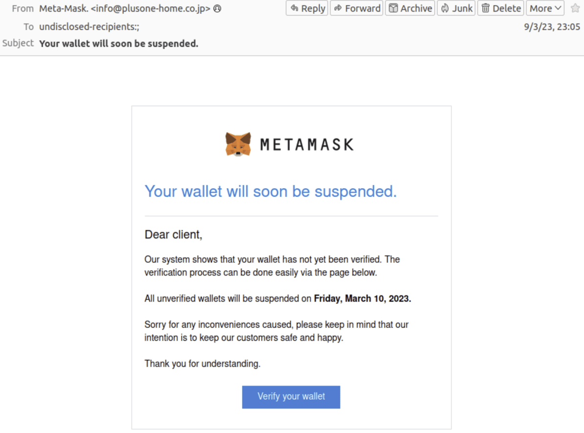 Crypto Users Told to “Verify Your Wallet” in New MetaMask Scam Email