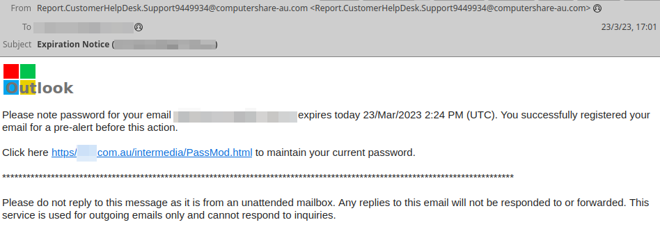 Outlook Scam Email Warns Your Password Expires Today
