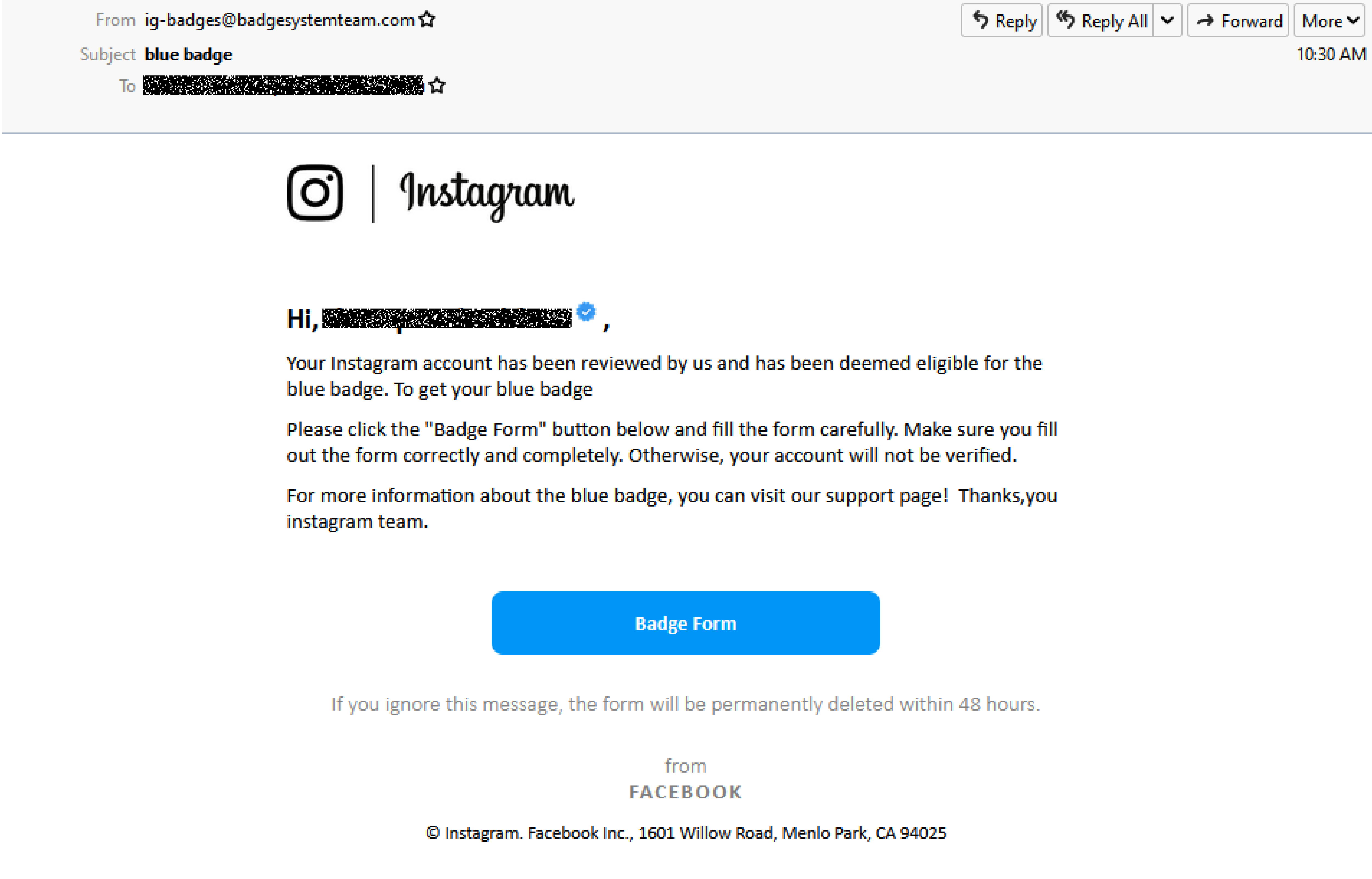 New Insta “Blue Badge” Phishing Email