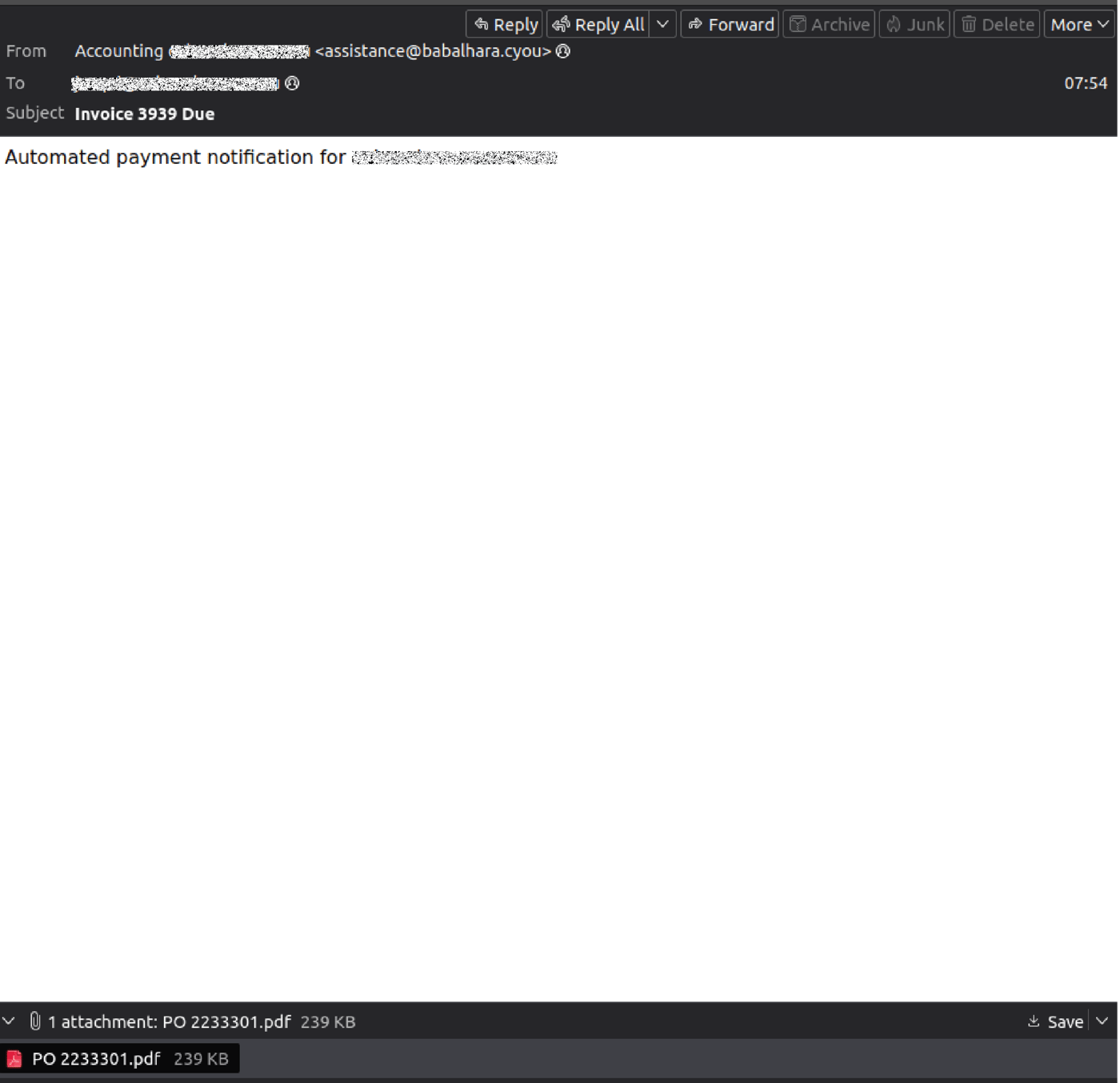 Invoice Scam Uses PDF Attachment to Harvest Credentials