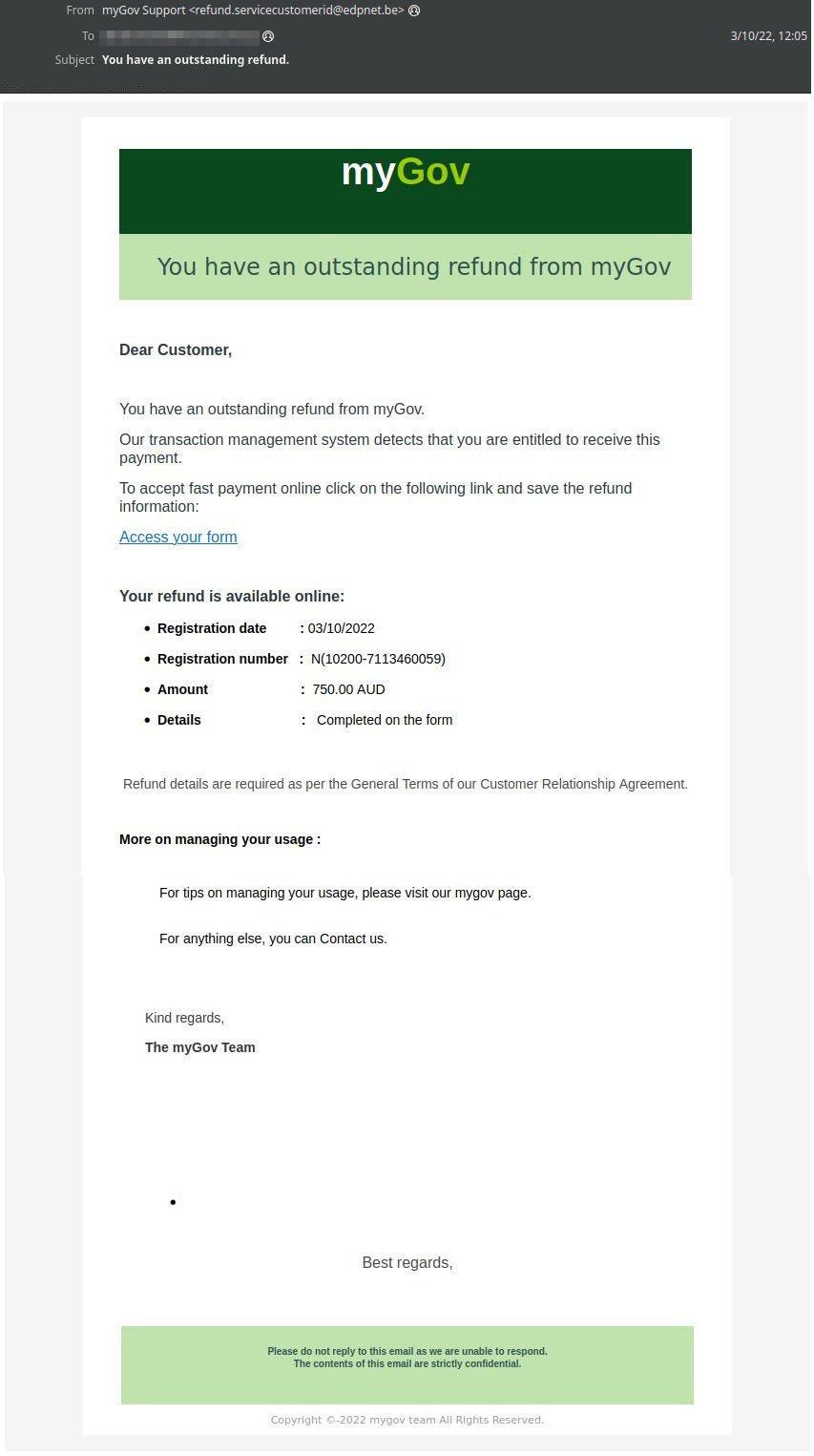 Scammers promise refund of $750 in new myGov phishing email