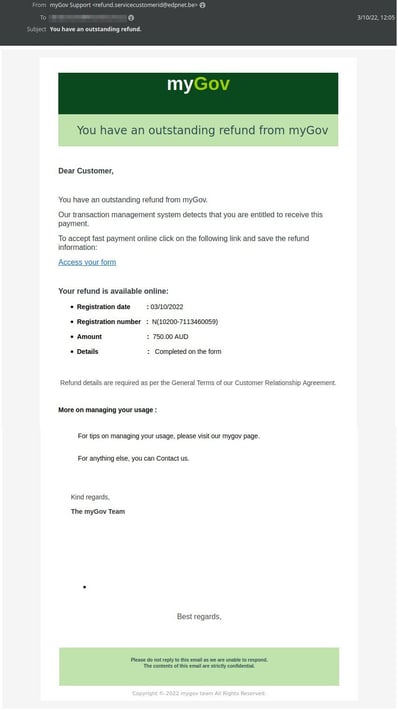 Scammers promise refund of $750 in new myGov phishing email