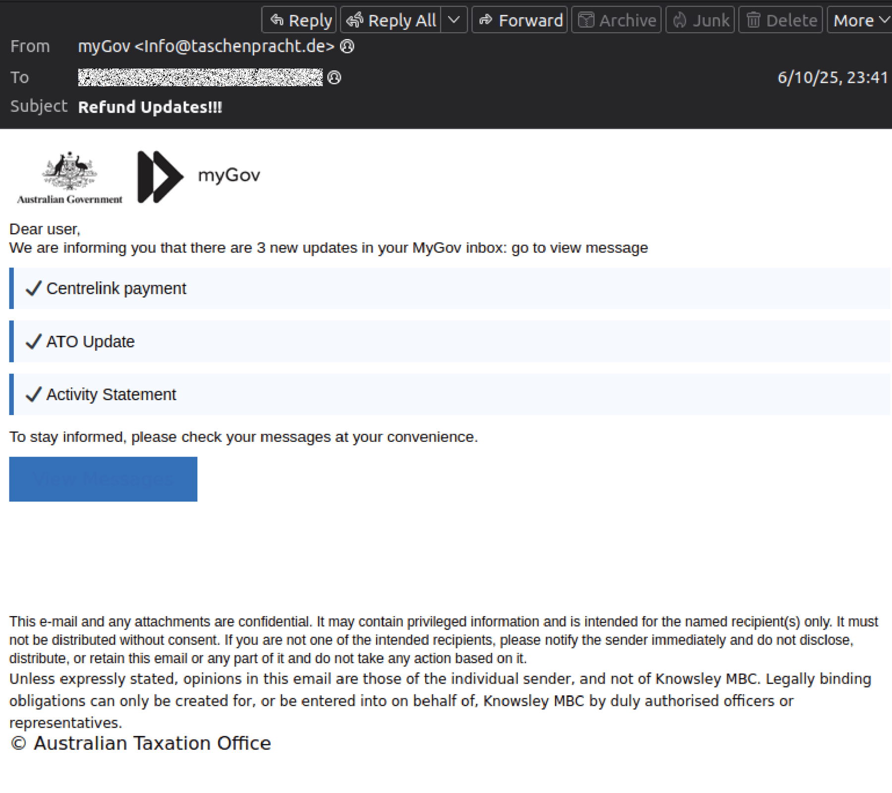 Refund Updates, a Ruse to Steal myGov Credentials