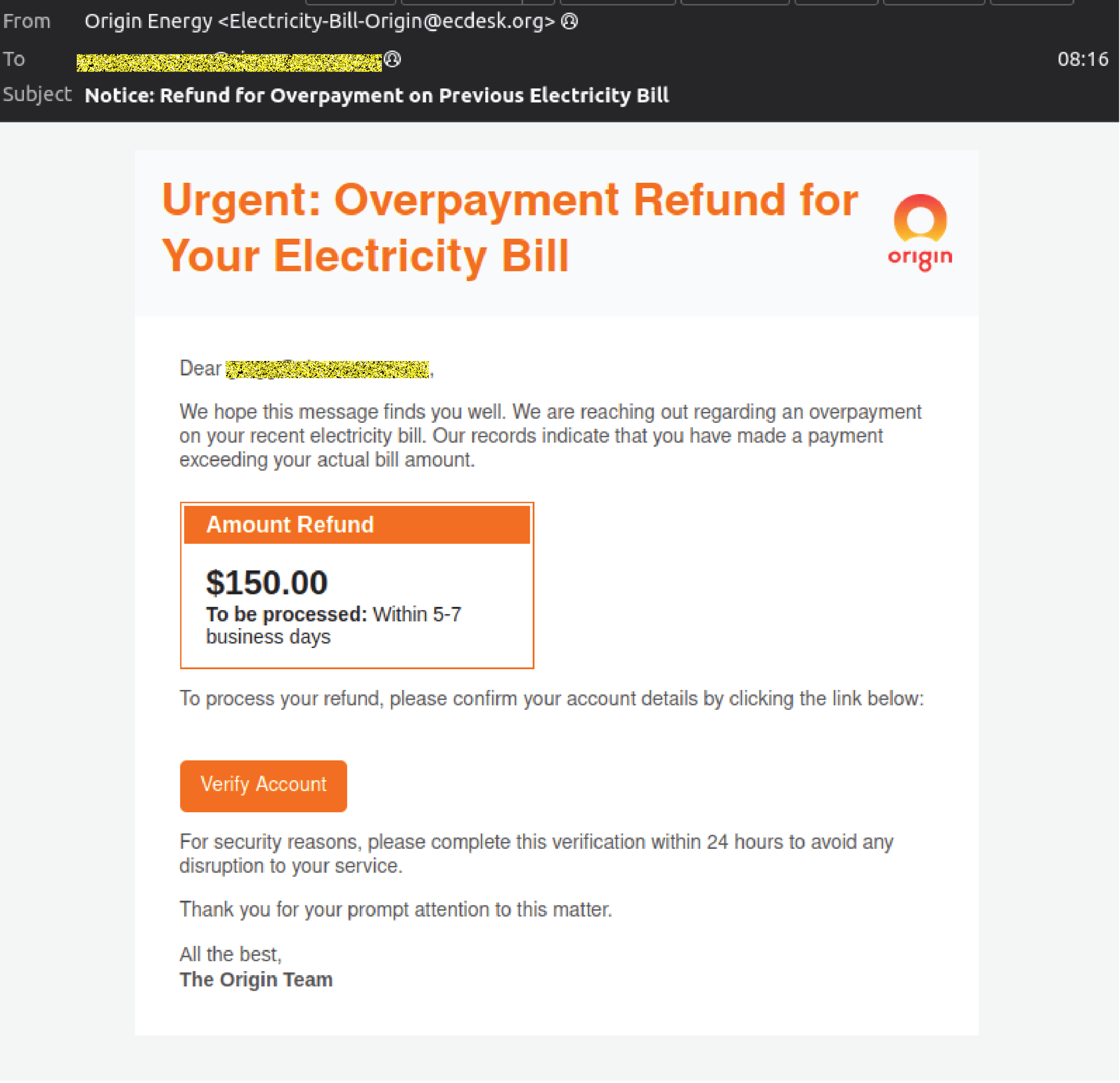 Fake Origin Energy Refund Email Targets Australians with Multi-Step Scam
