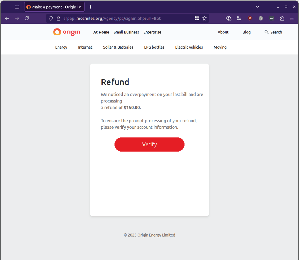 Fake Origin Energy Refund Email Targets Australians with Multi-Step Scam