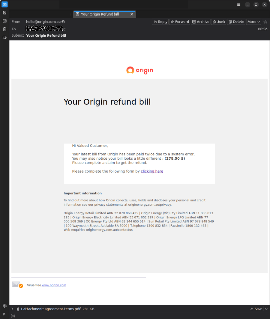 Origin Energy Bill, Refund Scam