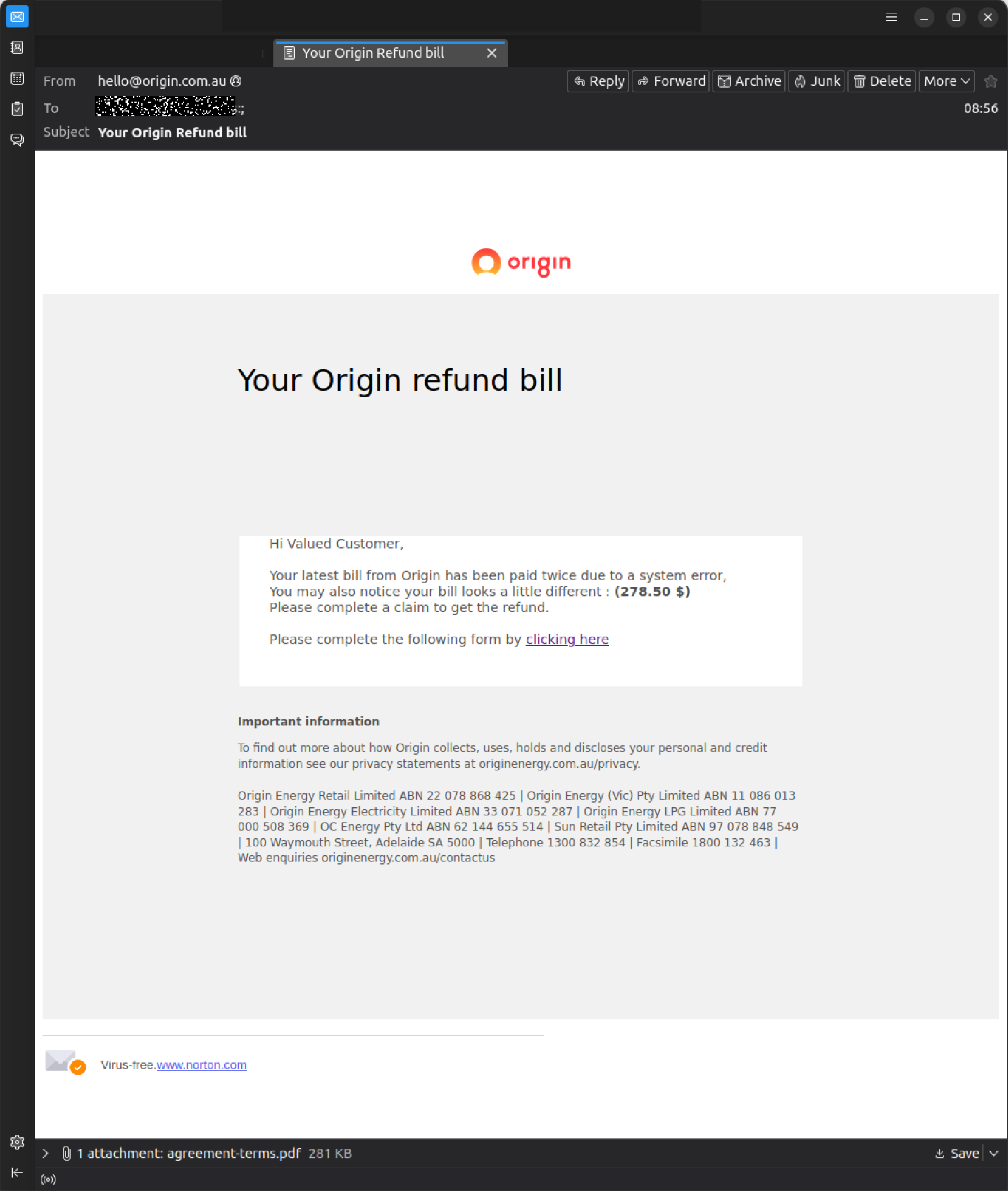 Origin Energy Bill, Refund Scam