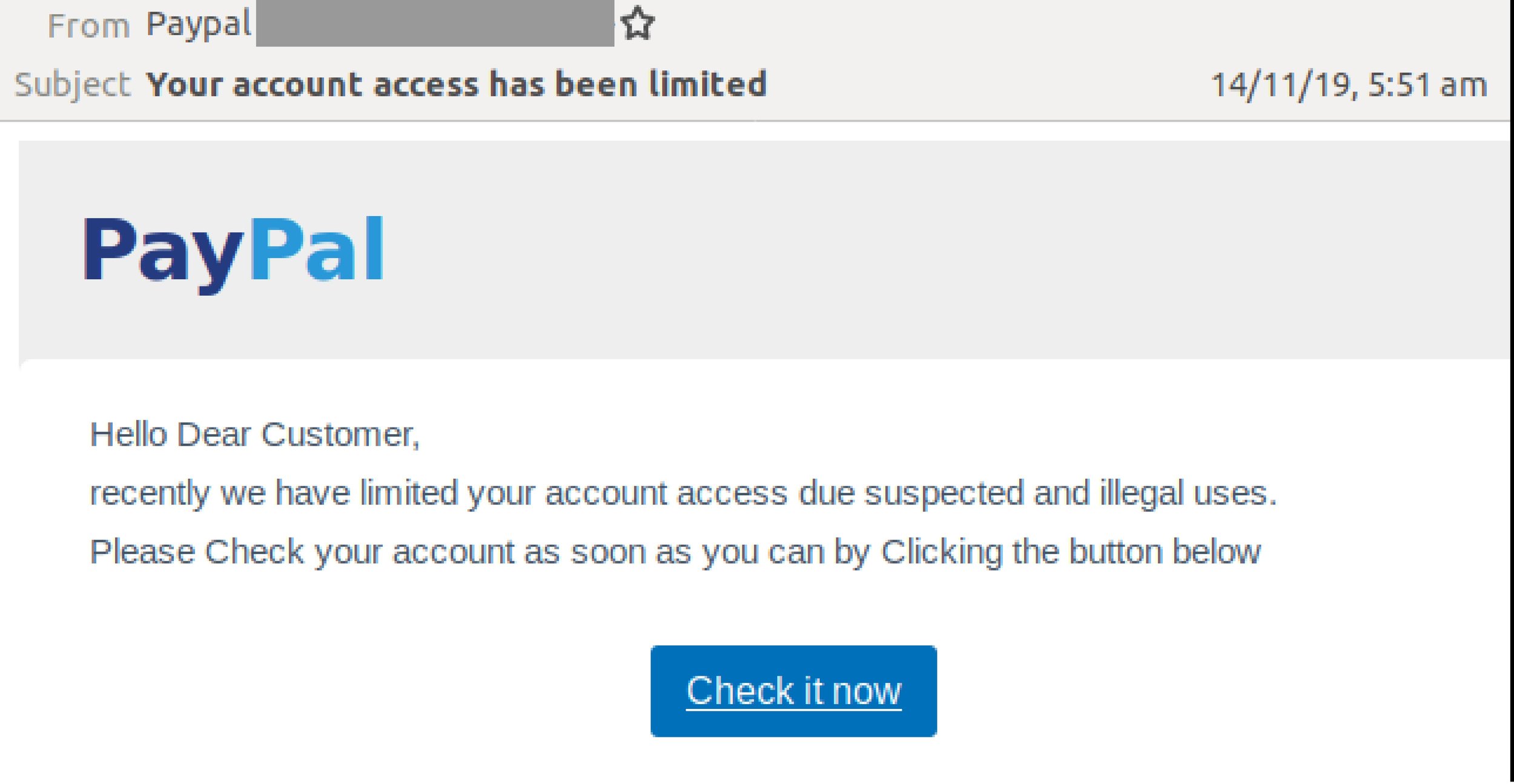 Email scam spoofs PayPal once again; informs users their account access ...