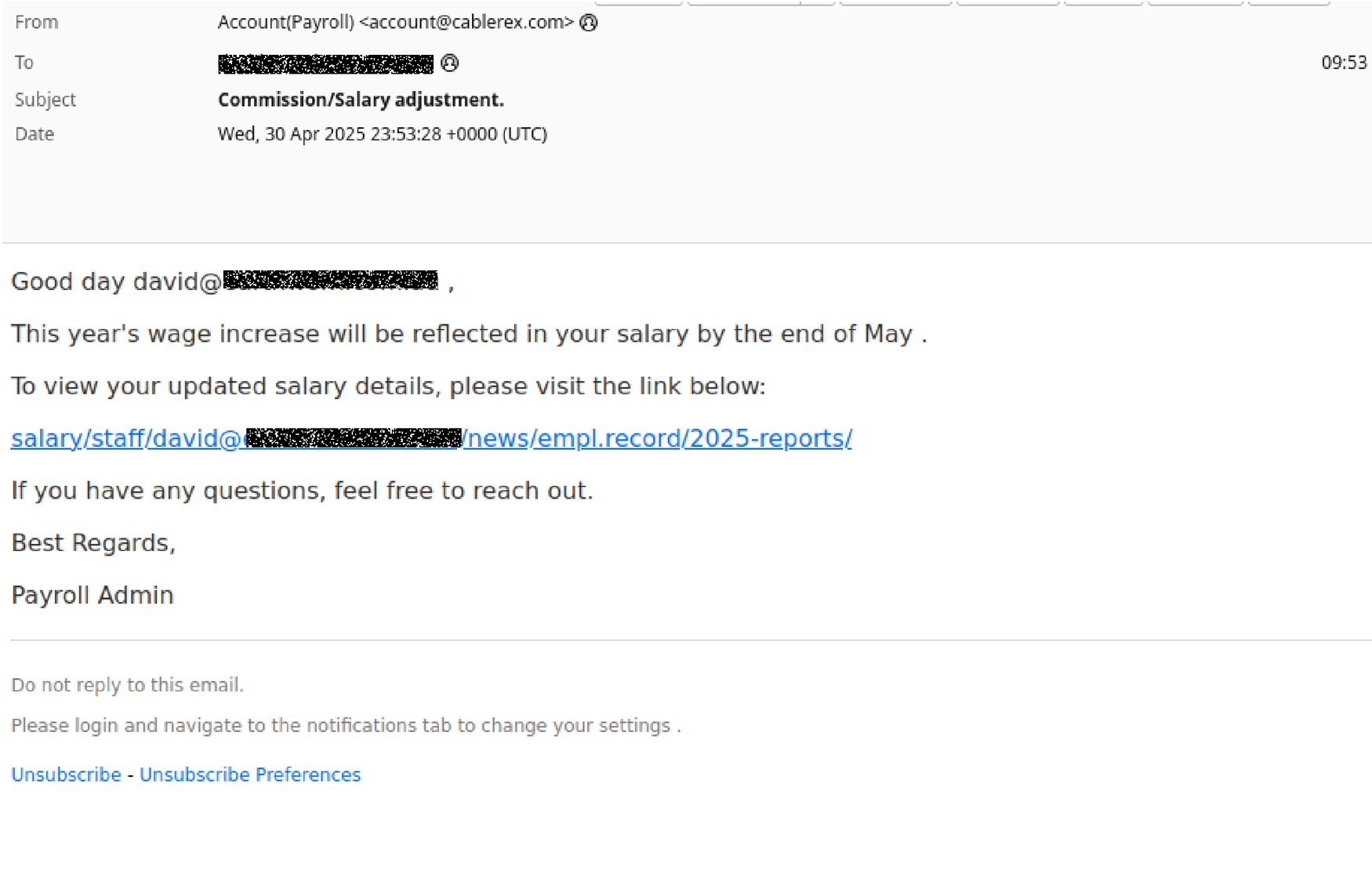 Salary Adjustment Email Aims to Harvest Credentials