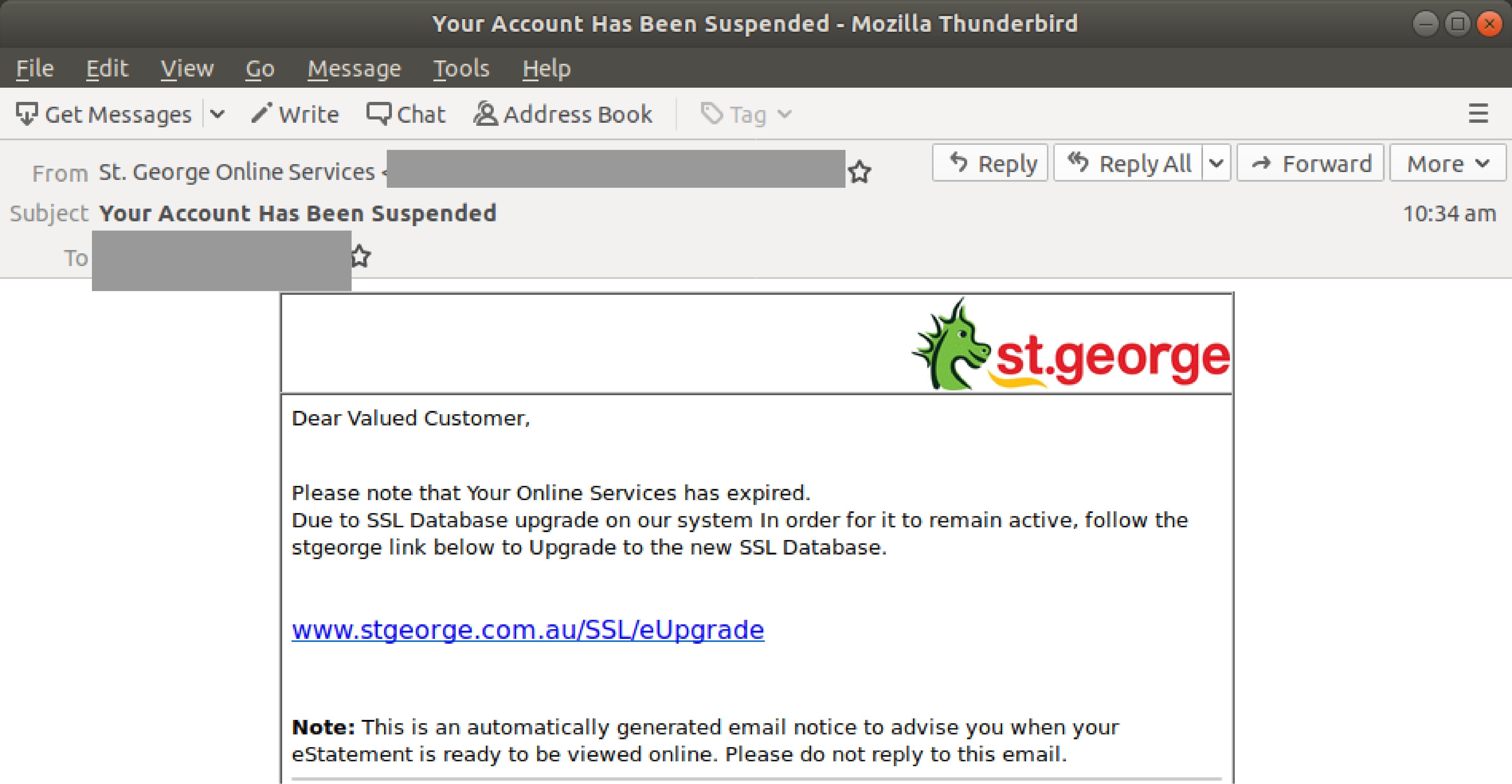 'Account suspension' email spoofing St. George delivers phishing attack