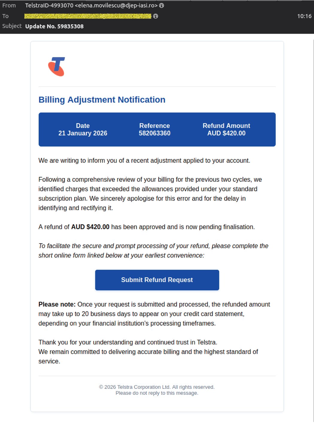 Telstra spoofed in “Billing Adjustment” refund scam