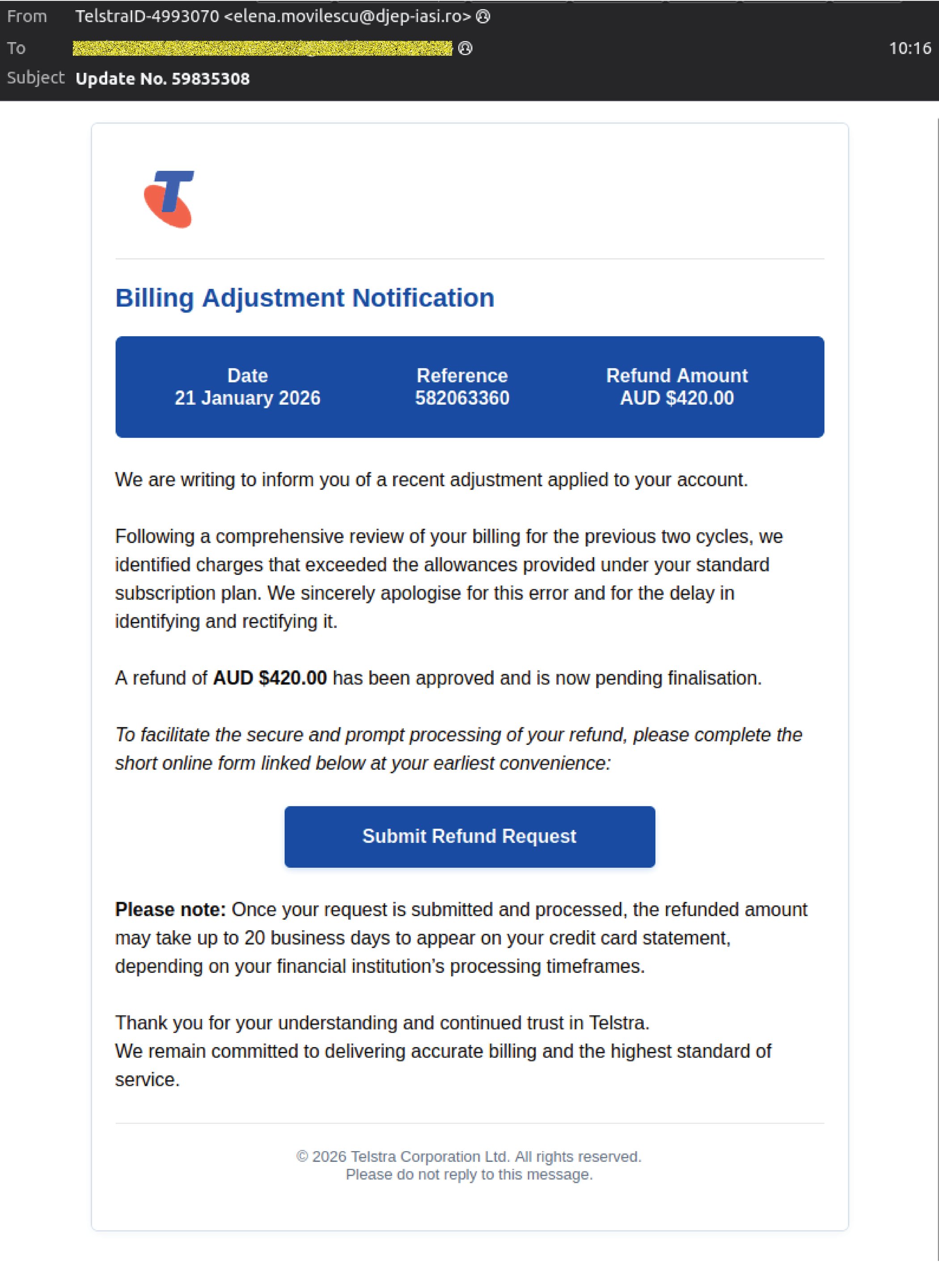 Telstra spoofed in “Billing Adjustment” refund scam
