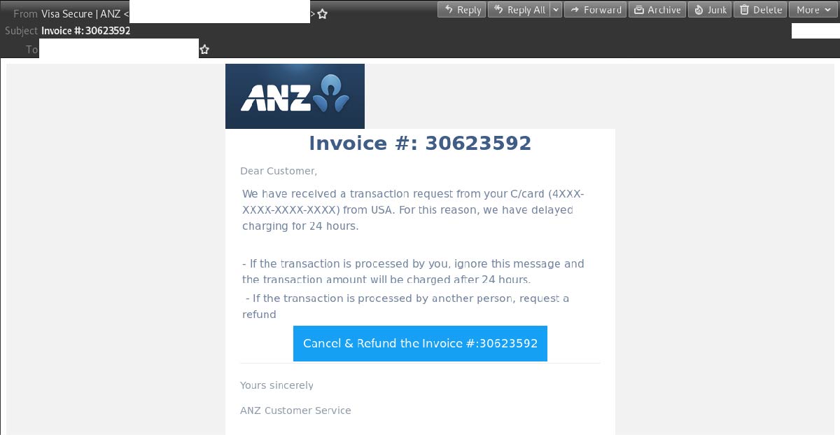 Phishing email spoofing ANZ asks for users’ phone numbers in pre ...
