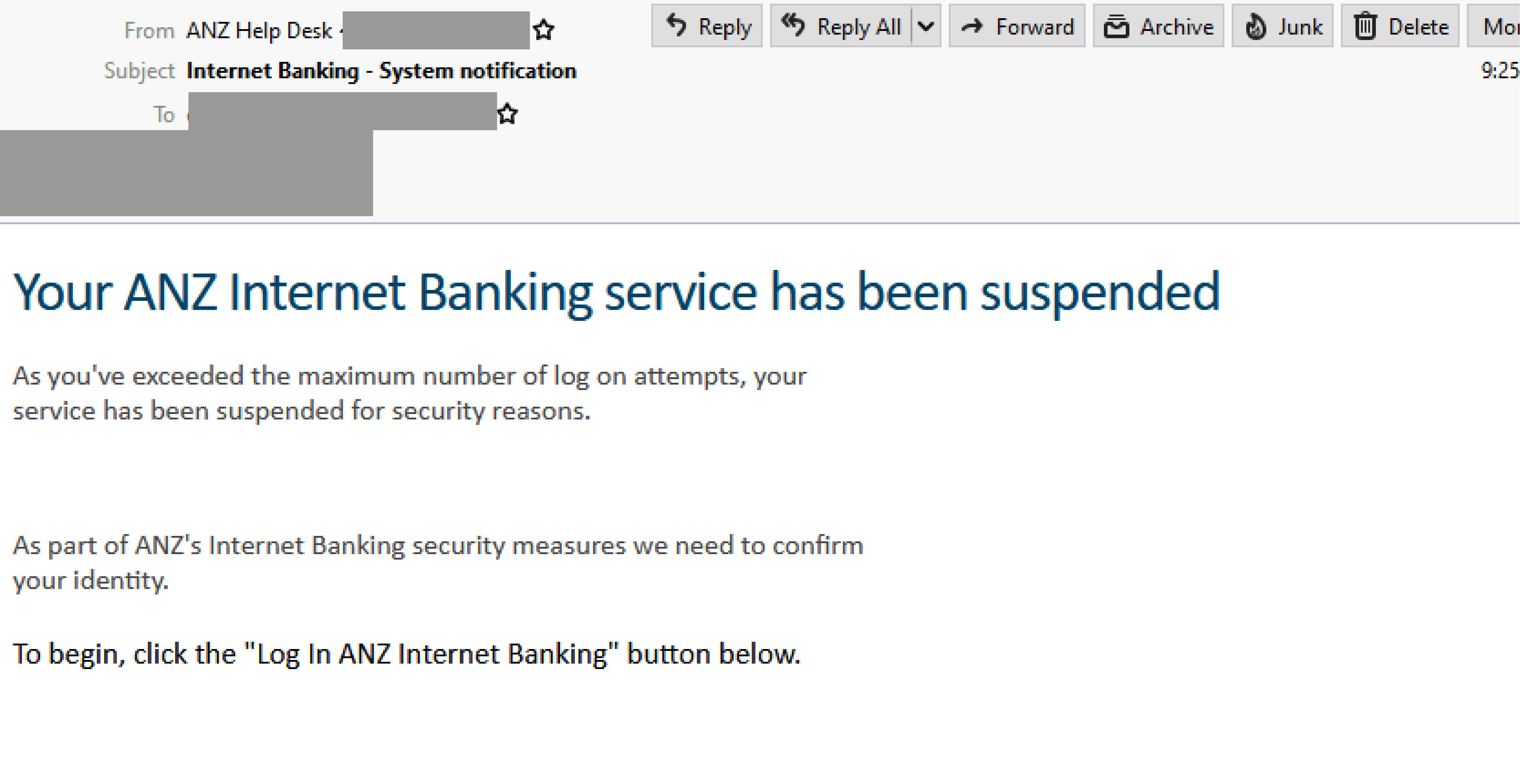 Alert: ANZ spoofed in phishing email; users told their “Internet ...