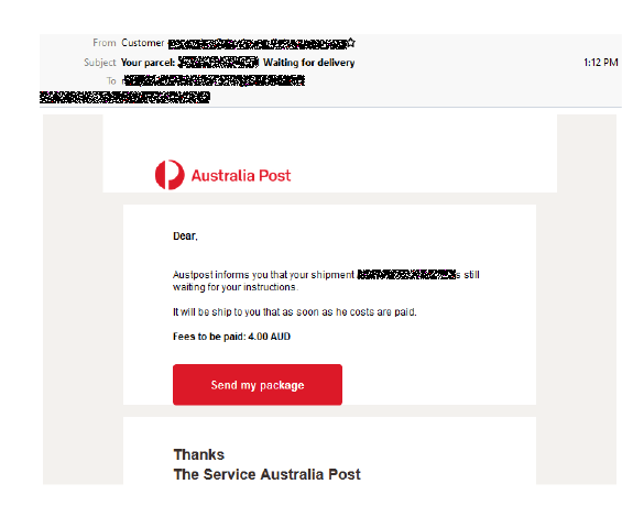 ‘4.00 AUD’ Fee Request in Fake Australia Post Parcel Delivery Scam