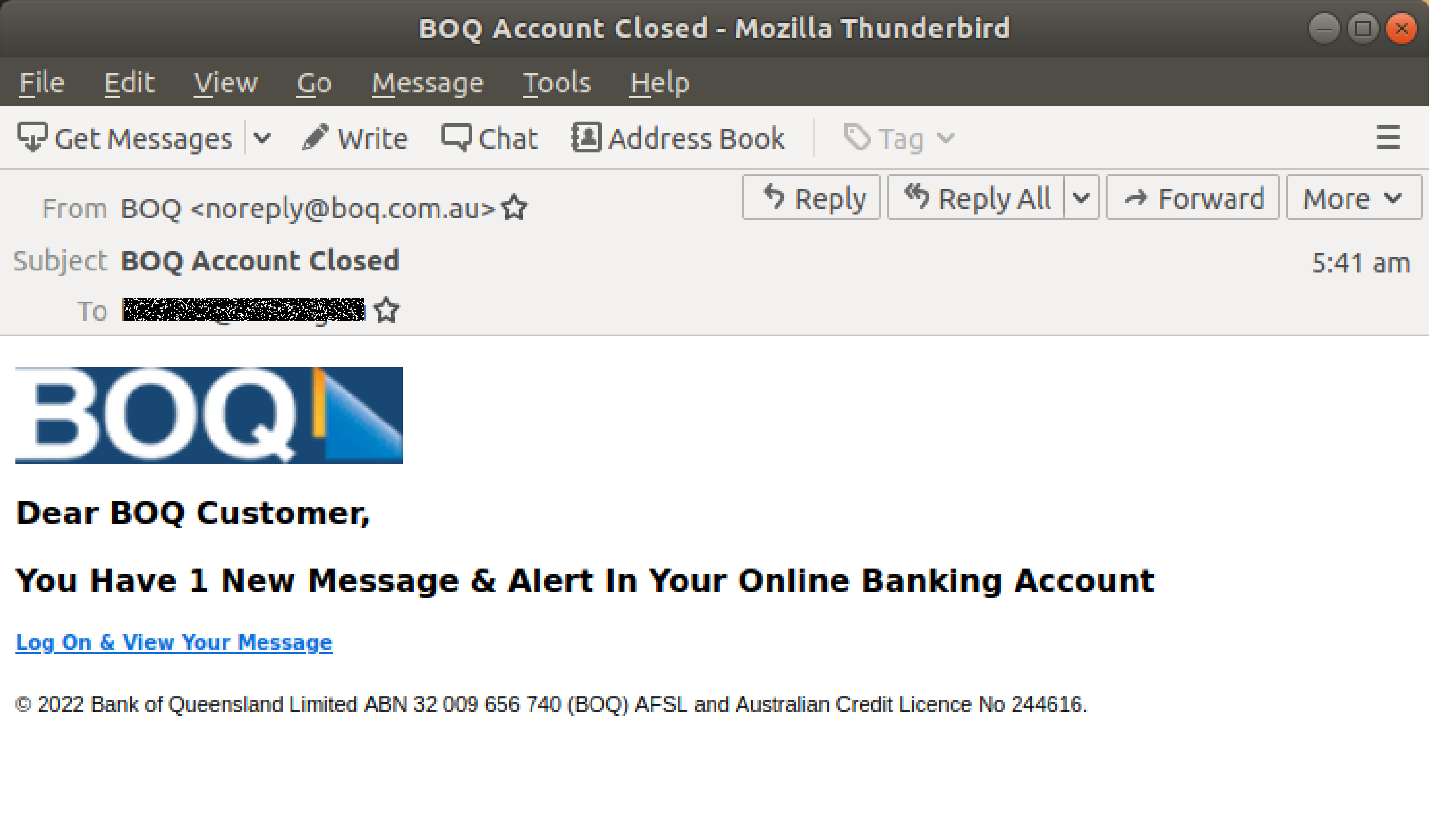 Banking Scam: “BOQ Account Closed” Phishing Email Circulating