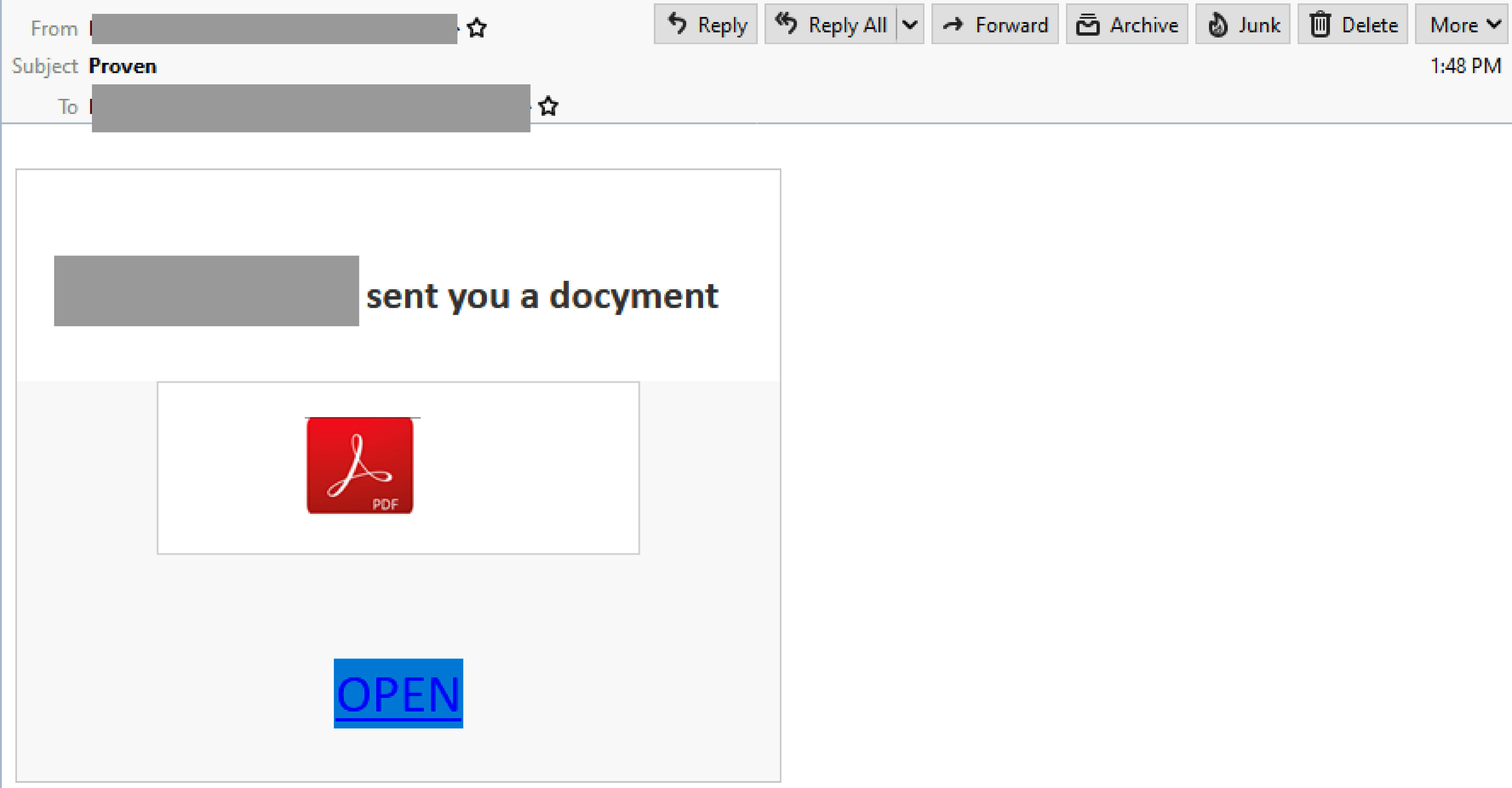 Phishing email sent from compromised account uses fake “docyment” to ...