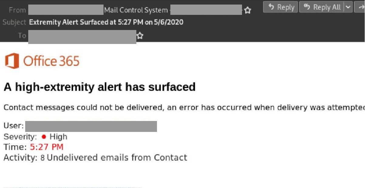 Phishing email titled “high-extremity alert” claims messages couldn’t ...