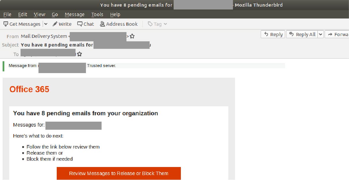 Phishing email asks users to review “pending emails” via a malicious link