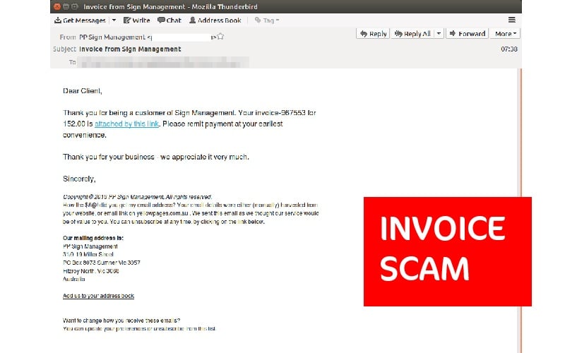 Warning: Invoice and eFax scams spoofing signage company