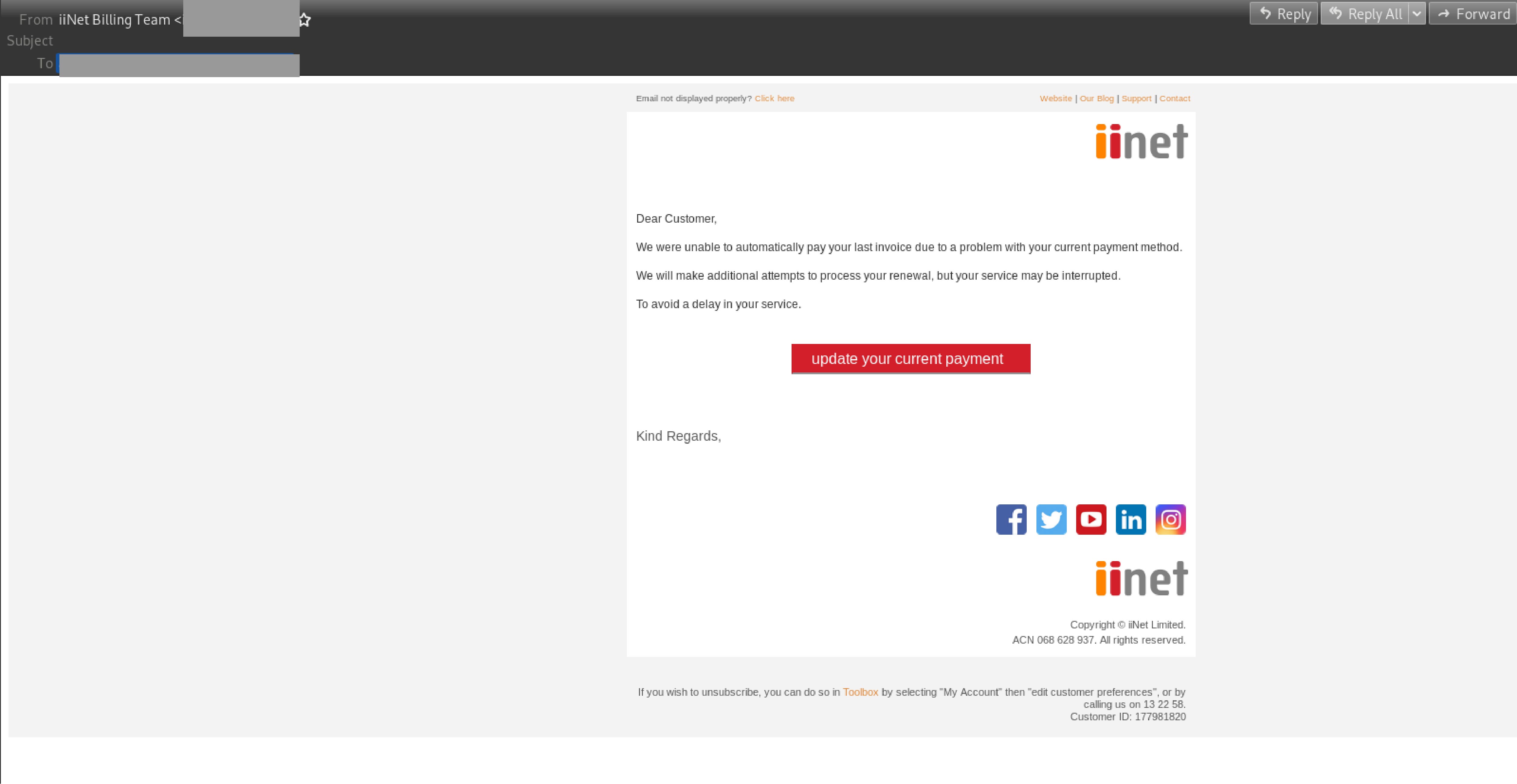Local Internet service provider iiNet spoofed in phishing email