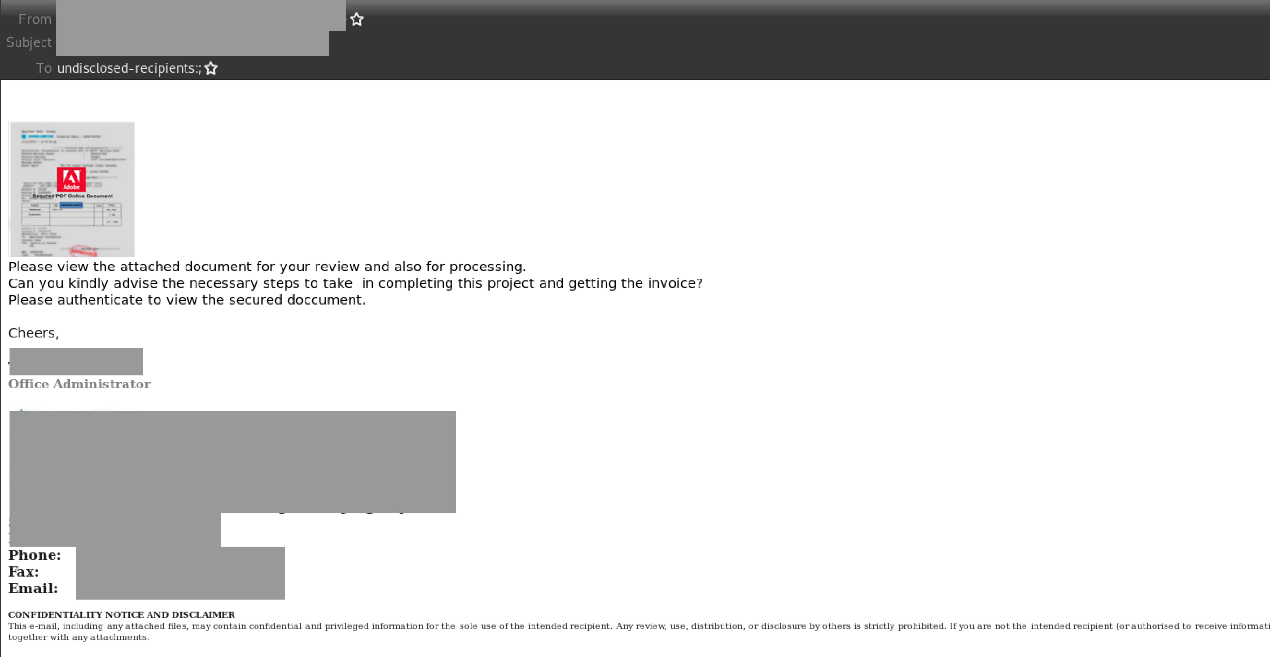 Building contract invoice email delivers phishing attack